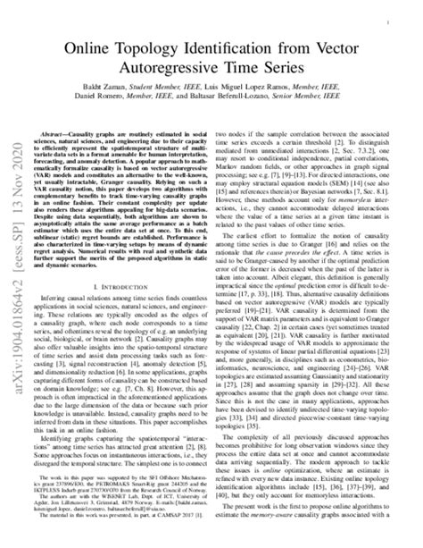 Pdf Online Topology Identification From Vector Autoregressive Time Series Baltasar Beferull