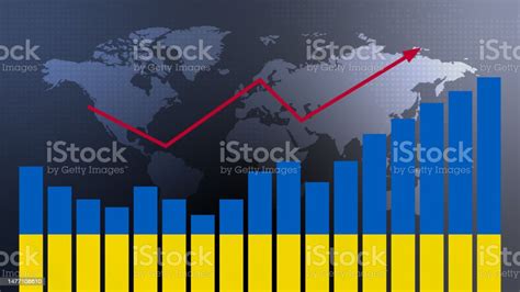 기복이 있는 우크라이나 막대 차트 그래프 가치 상승 경제 회복 및 비즈니스 개선의 개념 기업 재개 정치 갈등 깃발이 있는 전쟁