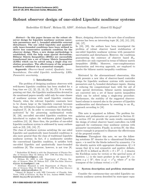 Pdf Robust Observer Design Of One Sided Lipschitz Nonlinear Systems