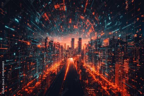 Glowing Cityscape With Orange Data Streams Symbolizing Digital Data Flow Fast Communication And