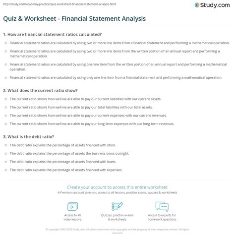 Quiz And Worksheet Financial Statement Analysis