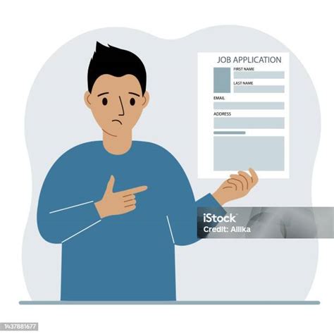 실업자가 이력서를 들고 있습니다 이력서가있는 후보자 그 남자는 일자리를 찾고 있습니다 아바타와 기술이 담긴 종이 시트 노동 시장 실업 문제 문서에 대한 스톡 벡터 아트 및