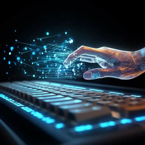 Robotic Hands Typing On A Virtual Holographic Keyboard A Picture Of Ai And Advanced Computing