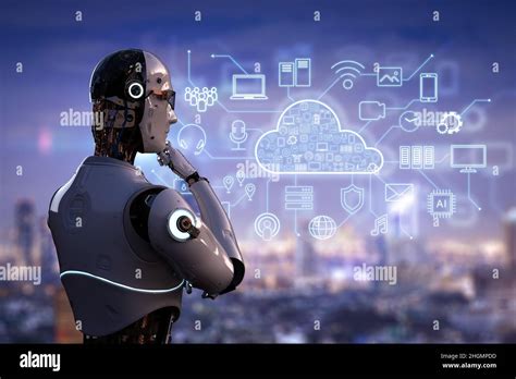 Cloud Computing Technology Concept With 3d Rendering Humanoid Robot