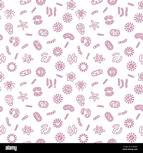 Bacteria Seamless Background Vector Microbiology Red Pattern In Thin Line Style Stock Vector