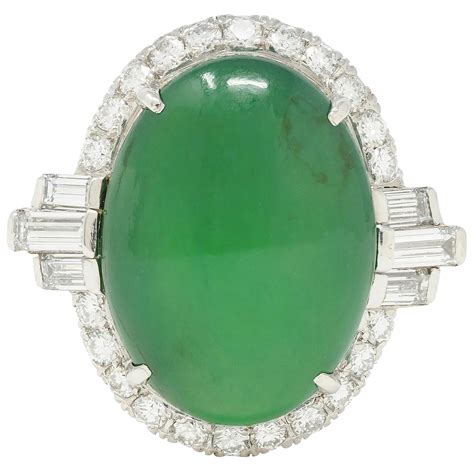 Mid Century Natural Jadeite Jade Diamond Platinum Vintage Halo Ring Gia
