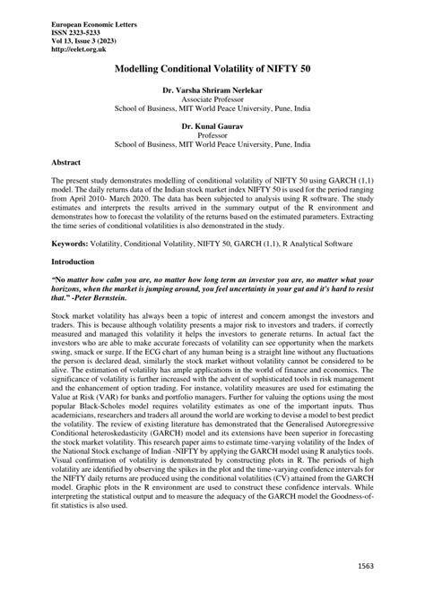 Pdf Modelling Conditional Volatility Of Nifty 50