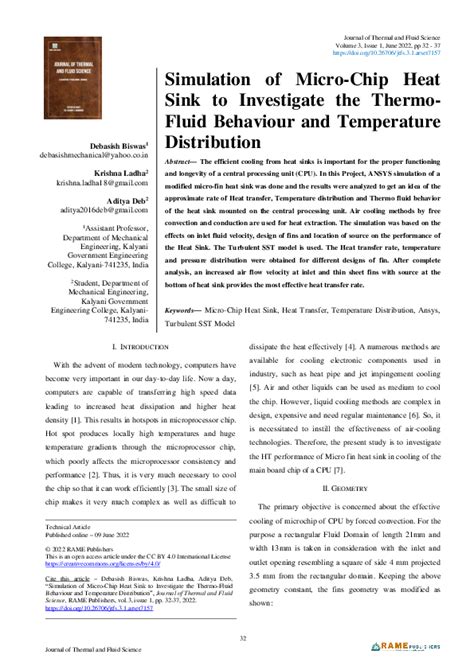 Pdf Simulation Of Micro Chip Heat Sink To Investigate The Thermo Fluid Behaviour And