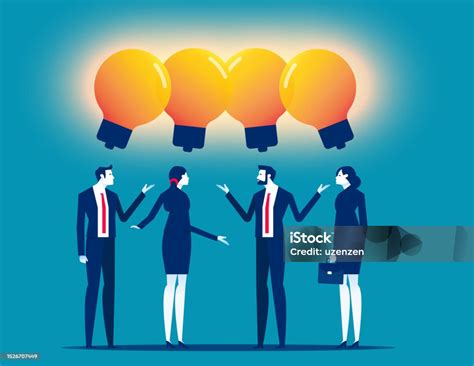 똑똑한 사고를 하는 사업가들은 직장인들이 팀을 이루어 전구 램프 아이디어를 공유합니다 사업 아이디어 공유 개발에 대한 스톡 벡터 아트 및 기타 이미지 Istock