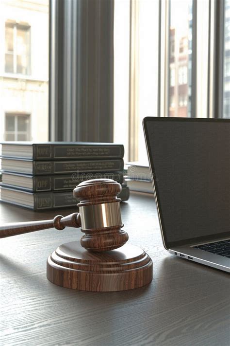 Judge Gavel Resting On Sound Block With Law Books And Laptop In Office