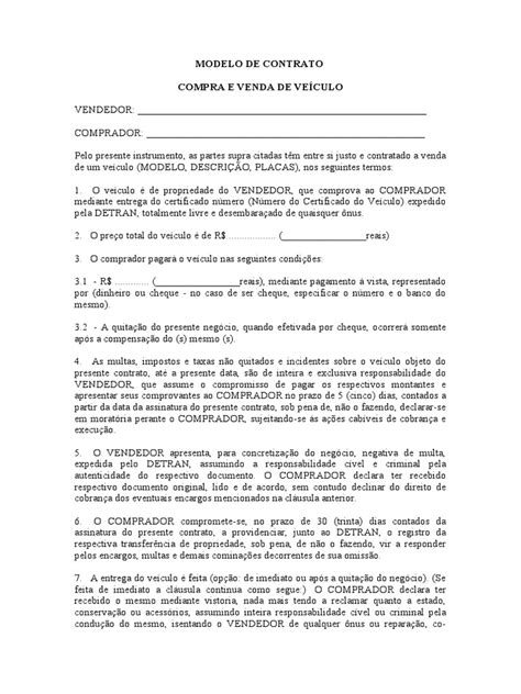 Modelo De Contrato Compra E Venda De Veiculo Pdf Cheque Banco