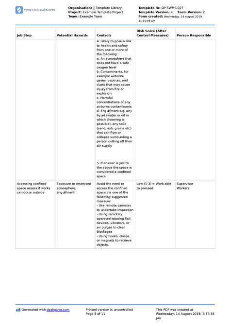 Example Safe Work Method Statement Use Or Copy This Example SWMS