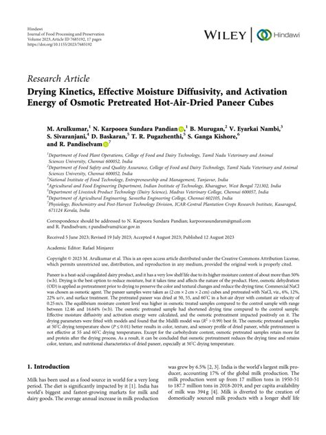 Pdf Drying Kinetics Effective Moisture Diffusivity And Activation Energy Of Osmotic