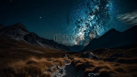 夜空中群山之上布满了星星高清摄影大图 千库网