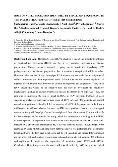 Pdf Role Of Novel Micro Rna Identified By Small Rna Sequencing In The