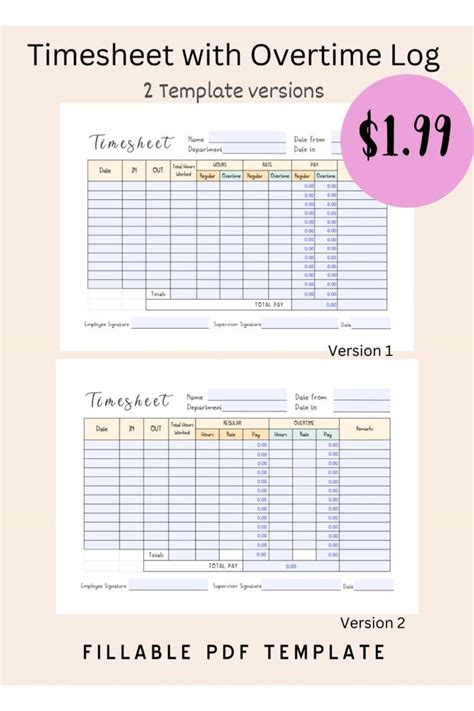 Timesheet With Overtime Log Pdf Template