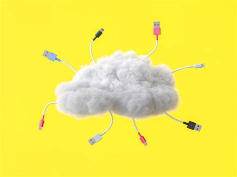 Multiple Usb Cables Connecting To A Cloud On Yellow Background Stock