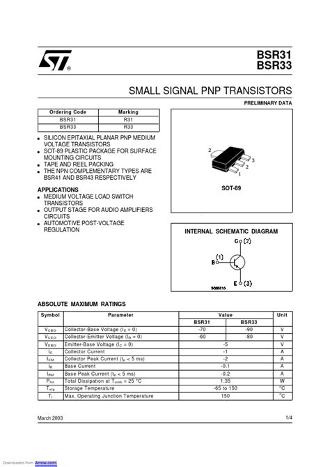 Bsr33 Datasheet Pnp Transistors Stmicroelectronics