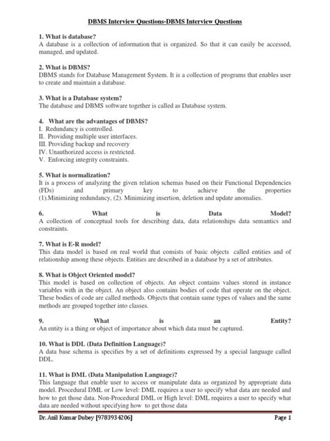 Dbms Interview Questions Dbms Interview Questions Dr Anil Kumar Dubey