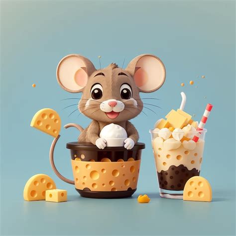 Premium Photo Cute Mouse Drinking Boba Milk Tea With Cheese Cartoon Vector Icon Illustration