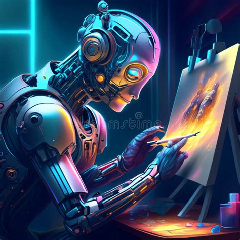 Vector Illustration Of A Female Robot Drawing A Picture On A Canvas