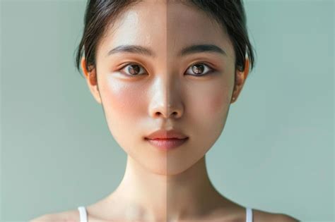 Comparison Of Asian Women Before And After Makeup Application Premium