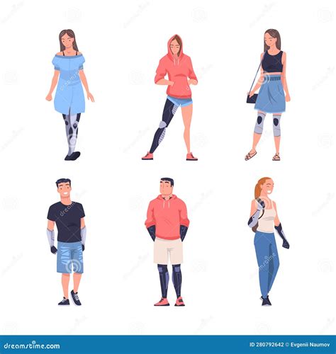 People Character With Robotic Body Parts Or Prosthesis Functioning Vector Set Stock Vector