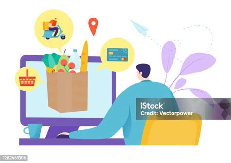 비즈니스 음식은 온라인 벡터 일러스트에서 구입합니다 식료품 배달 소매 판매를위한 인터넷 마케팅 주문 사람 개념에 대한 스톡 벡터 아트 및 기타 이미지 Istock