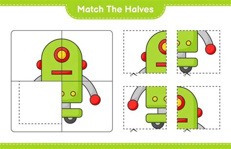 반쪽 일치 로봇 캐릭터 교육용 어린이 게임 인쇄용 워크 시트의 반쪽 일치 프리미엄 벡터