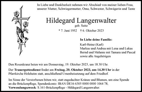 Traueranzeigen Von Hildegard Langenwalter Augsburger Allgemeine Zeitung