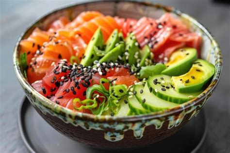 Premium Photo Asian Trendy Food Sushi Poke Bowl With Cucumber Salmon Avocado Black And White