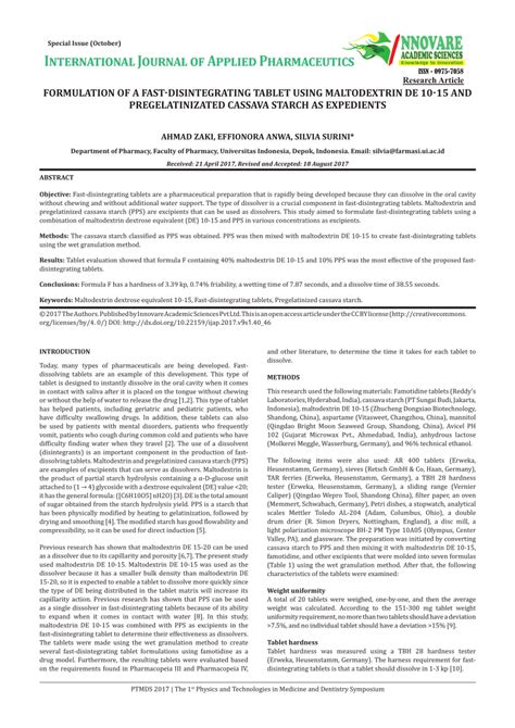 Pdf Formulation Of A Fast Disintegrating Tablet Using Maltodextrin De 10 15 And