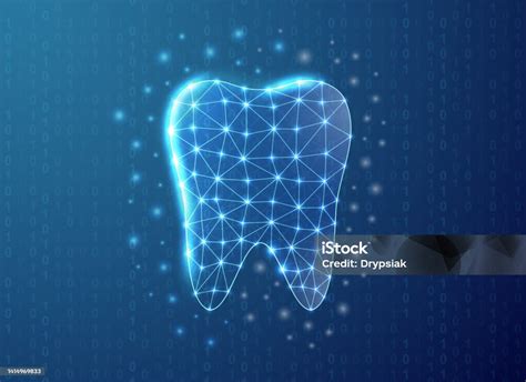 이진 코드 배경이 있는 치아 다각형 기호입니다 치과 컨셉 디자인 벡터 일러스트레이션 연결된 점이있는 파란색 구내과 낮은 폴리