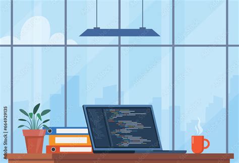 Laptop With Cup Of Coffee And Plant In Pot Workplace Of Coder Online Programmer Coding And