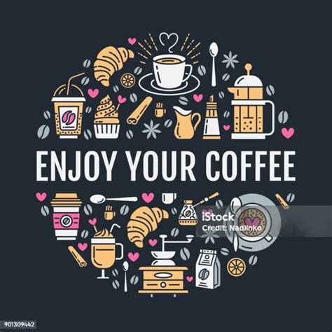 커피 만드는 포스터 템플릿 벡터 라인 아이콘 메뉴에 대 한 원형 그림 양조 요소커피 메이커 프랑스 압박 커피 분쇄기 에스프레소 크로 컵 케 익 개념 기호에 대한 스톡 벡터