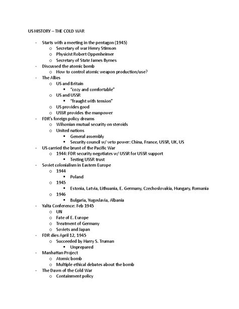 Us History Cold War Lecture Notes On The Cold War Us History The Cold War Starts With A