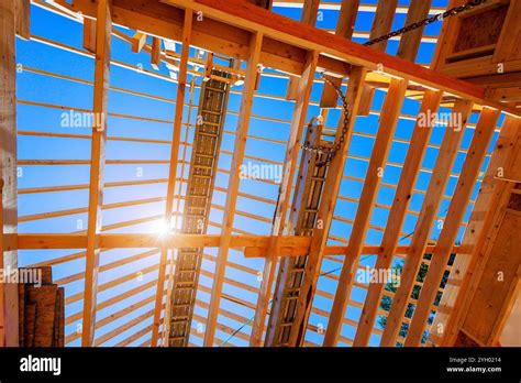 Building Roof Framing Of Building Roof Featuring Intersecting Wooden