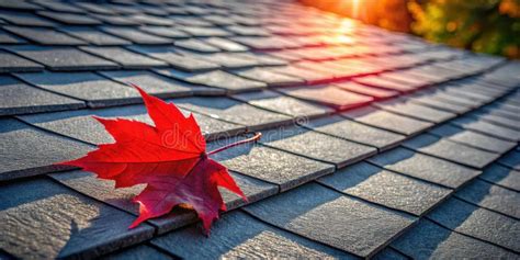 Autumnal Scene Vibrant Red Leaf Resting On A Gray Shingle Roof At Sunset Generative Ai Stock