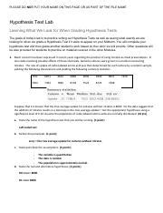 Hypothesis Tests Lab Online Review Pdf PLEASE DO NOT PUT YOUR NAME ON THIS PAGE OR AS PART