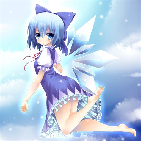 Safebooru 1girl Bare Legs Barefoot Blue Eyes Blue Hair Blue Sky Blush