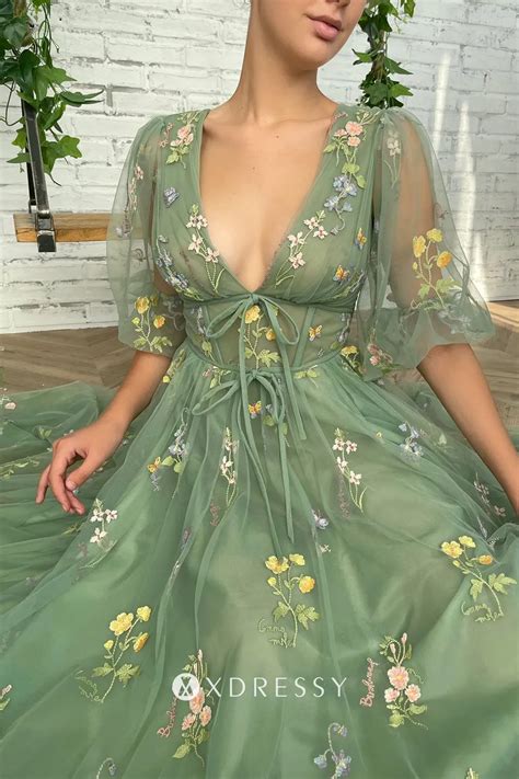 Green Floral Tulle Deep V Neck Ankle Length Prom Gown Xdressy