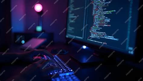Hands Typing Code On Keyboard In Dark Room Premium Ai Generated Image