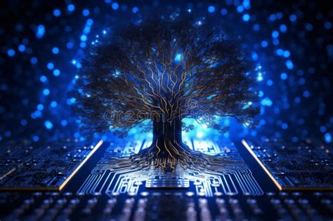 Modern Computer System With Electronic Digital Tree Blue Light Computer Electronic Circuit Stock