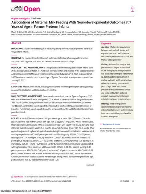 Associations Of Maternal Milk Feeding With Neurodevelopmental Outcomes