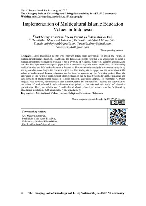 Pdf Implementation Of Multicultural Islamic Education Values In Indonesia