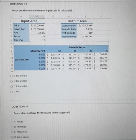 Solved Question 13 What Are The Row And Column Input Cells
