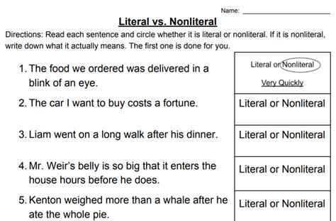 Literal Vs Nonliteral Figurative Language 3rd Grade Worksheet