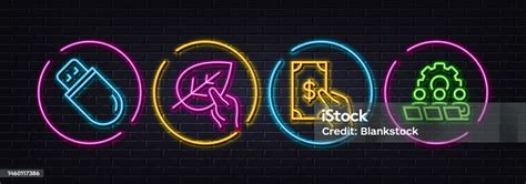 유기농 테스트 Usb 스틱 및 돈 받기 최소한의 라인 아이콘 웹 응용 프로그램의 경우 벡터 인쇄 Usb 메모리에 대한 스톡 벡터