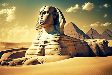Premium Photo Ancient Sculpture Of Sphinx Standing At Foot Of Egyptian Pyramids
