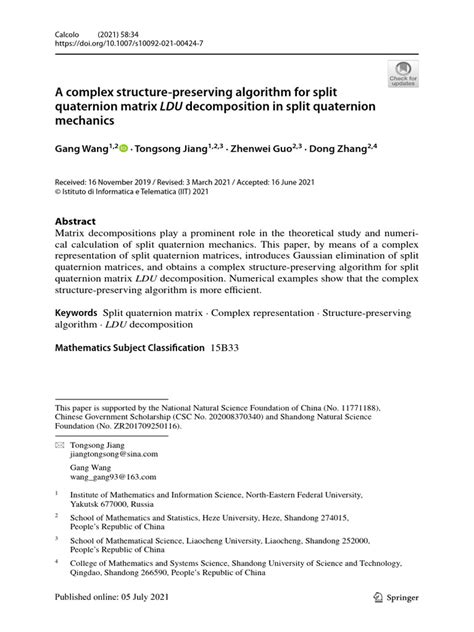 6 Calcolo A Complex Structure‑preserving Algorithm For Split Pdf Matrix Mathematics